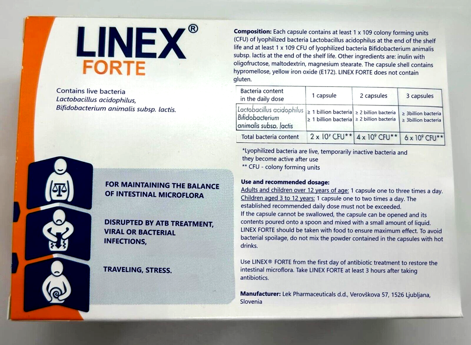 LINEX FORTE-Probiotic Prebiotic-Intestinal Microflora-2 x 28 pcs-FREE ...