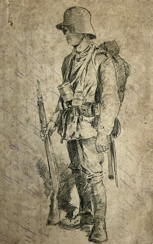 WW1 RPPC German Soldier Production Pencil Sketch Helmet Gas Mask Rifle ...