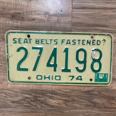 Vintage 1974 Ohio License Plate 274198 SEAT BELTS FASTENED? | eBay