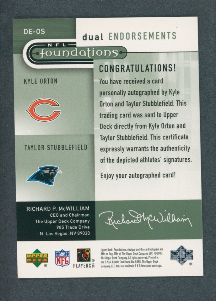 2005 Upper Deck Foundations Dual Endorsement Kyle Orton Taylor ...