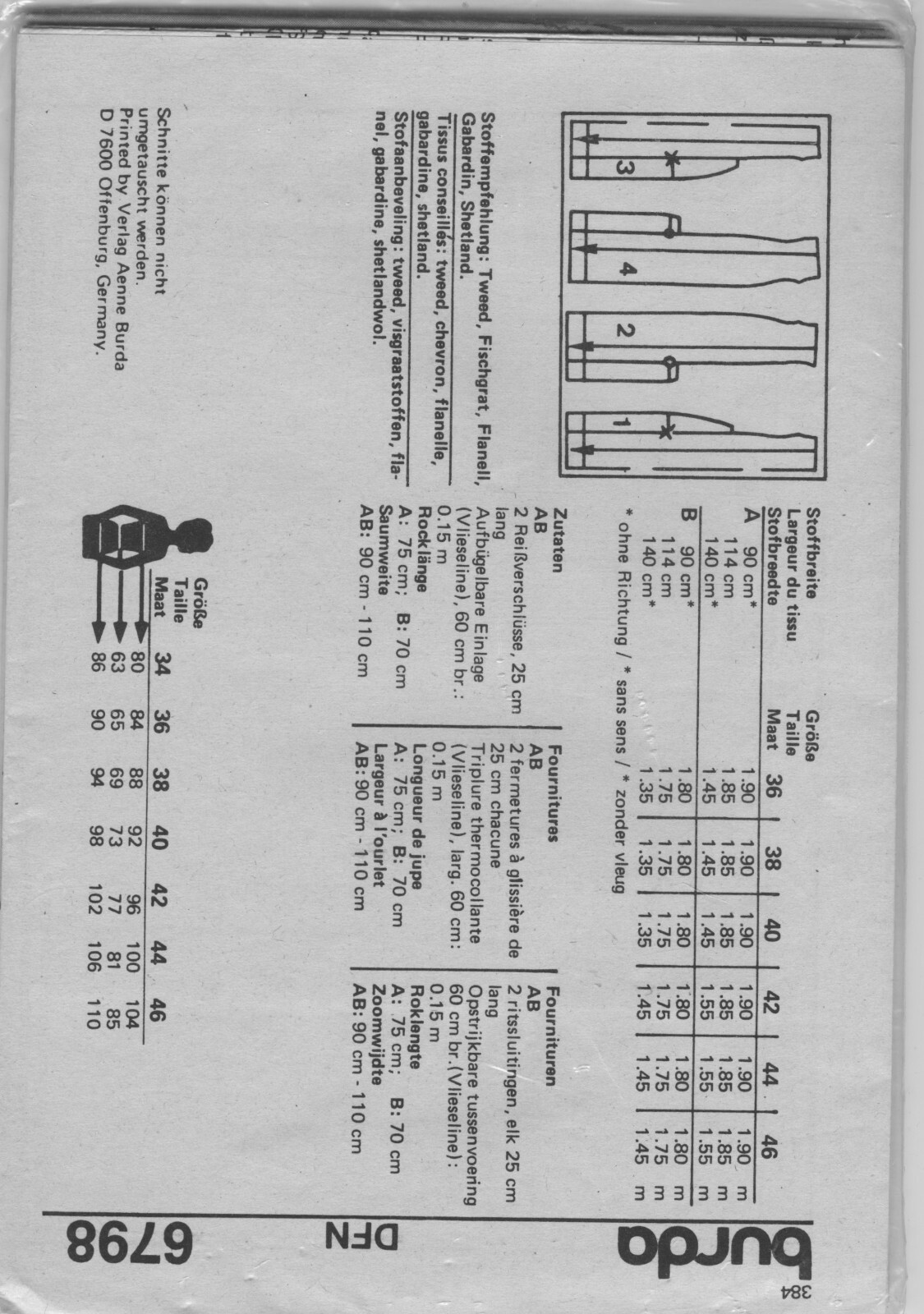 Burda Schnittmuster Nr. 6798, schmaler Faltenrock, 2 Modelle, Größen 36 ...