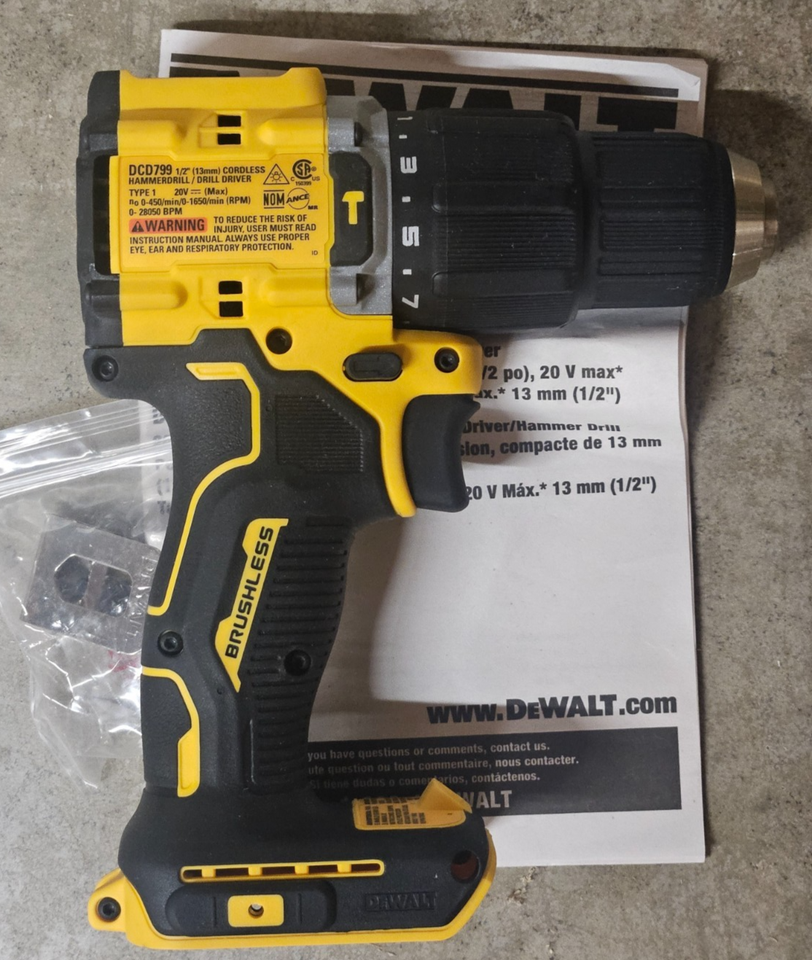 NEW DeWalt 20V ATOMIC Brushless 1/2" Hammer Drill Model# DCD799 Bare ...