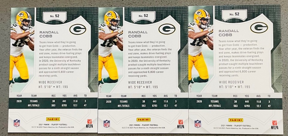3 Lot 2021 Panini Playoff Football NFL #52 Randall Cobb Base Card ...