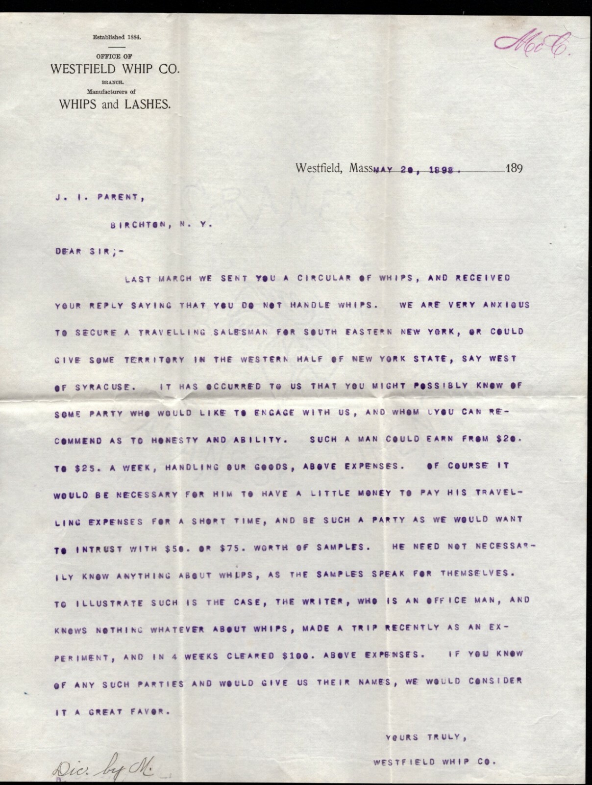 Westfield Whip Co MA 1898 Need Whip Lash Salesman Letter & Cover c | eBay