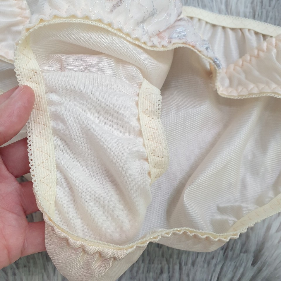 VTG Silky Nylon Panty Yellow Bikini Shiny Floral Lace Brief Size 7-8 ...