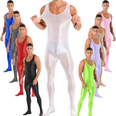 Mens Sleeveless Full Body Bodysuit Solid Color Round Neck Bodystocking ...