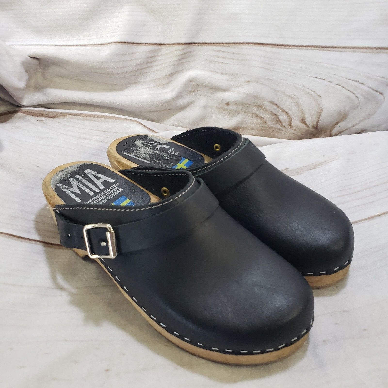 MIA Alma Swedish Clogs Black Leather Wooden Womens 6 … - Gem