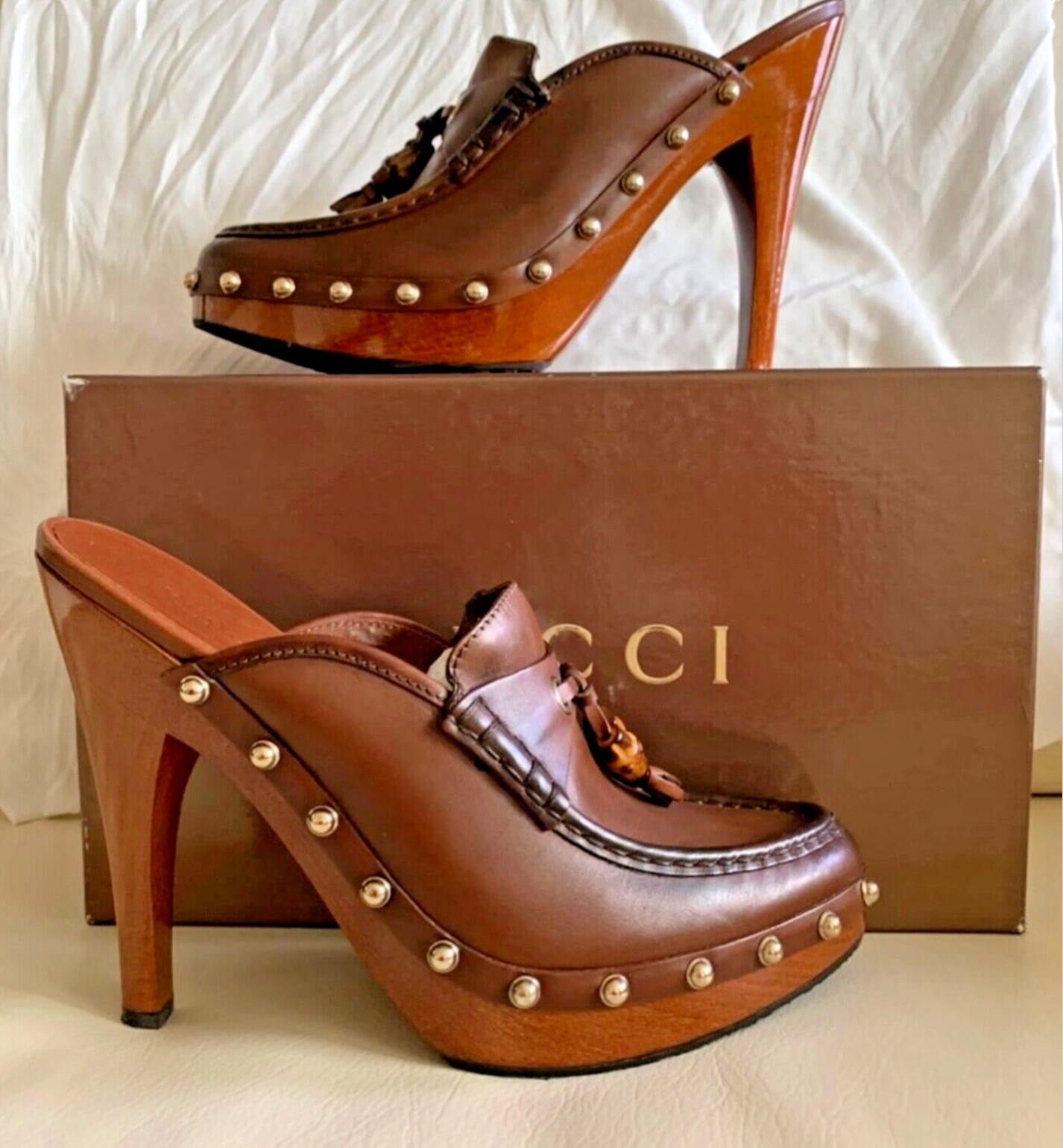 Gucci Brown Leather Bambo Tassel Platform Clog Sandal… - Gem