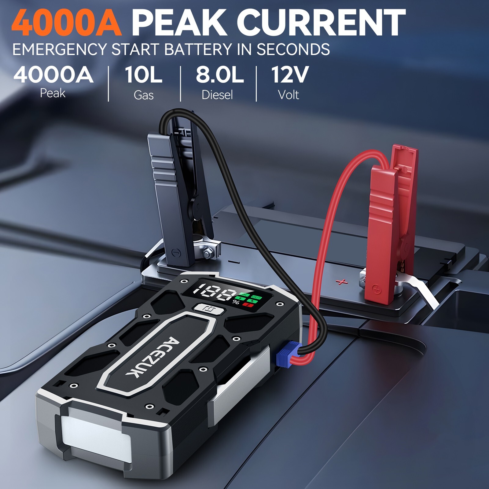 4000A Car Jump Starter Pack 12V Booster Power Bank USB LED LCD Battery ...