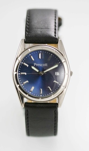 Prescott Watch Mens Date Stainless Silver Water Resist Black Leather ...