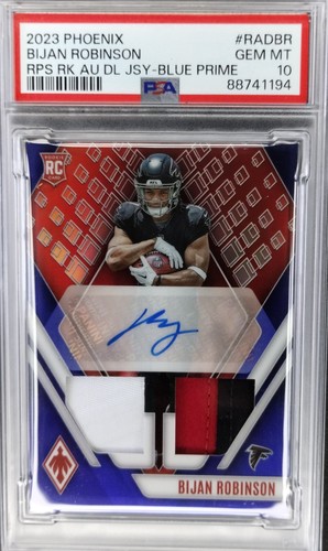 2023 Panini Phoenix (RC) Bijan Robinson Blu Prime patch/auto PSA 10 Gem ...