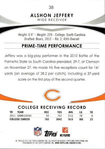 2012 Topps Prime - Alshon Jeffery #38 Retail (RC) for sale online | eBay