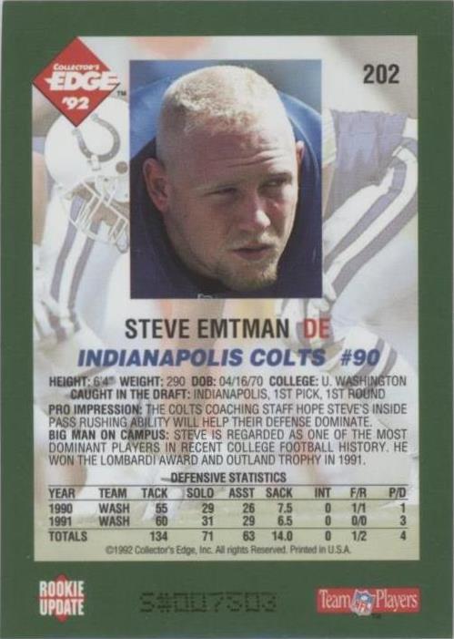1992 Collector's Edge Steve Emtman #202 | eBay