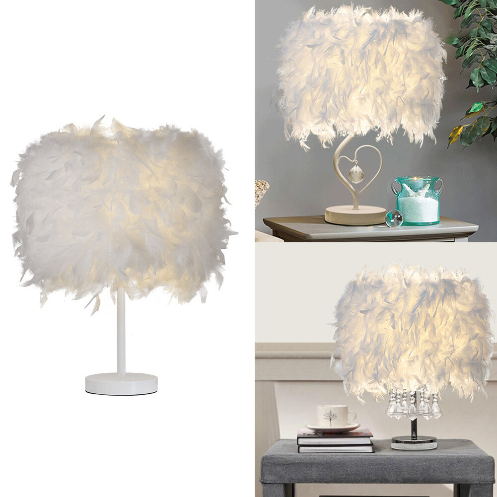 Feather Shade Table Lamp White Lampshade Bedside Night Light Room Home ...