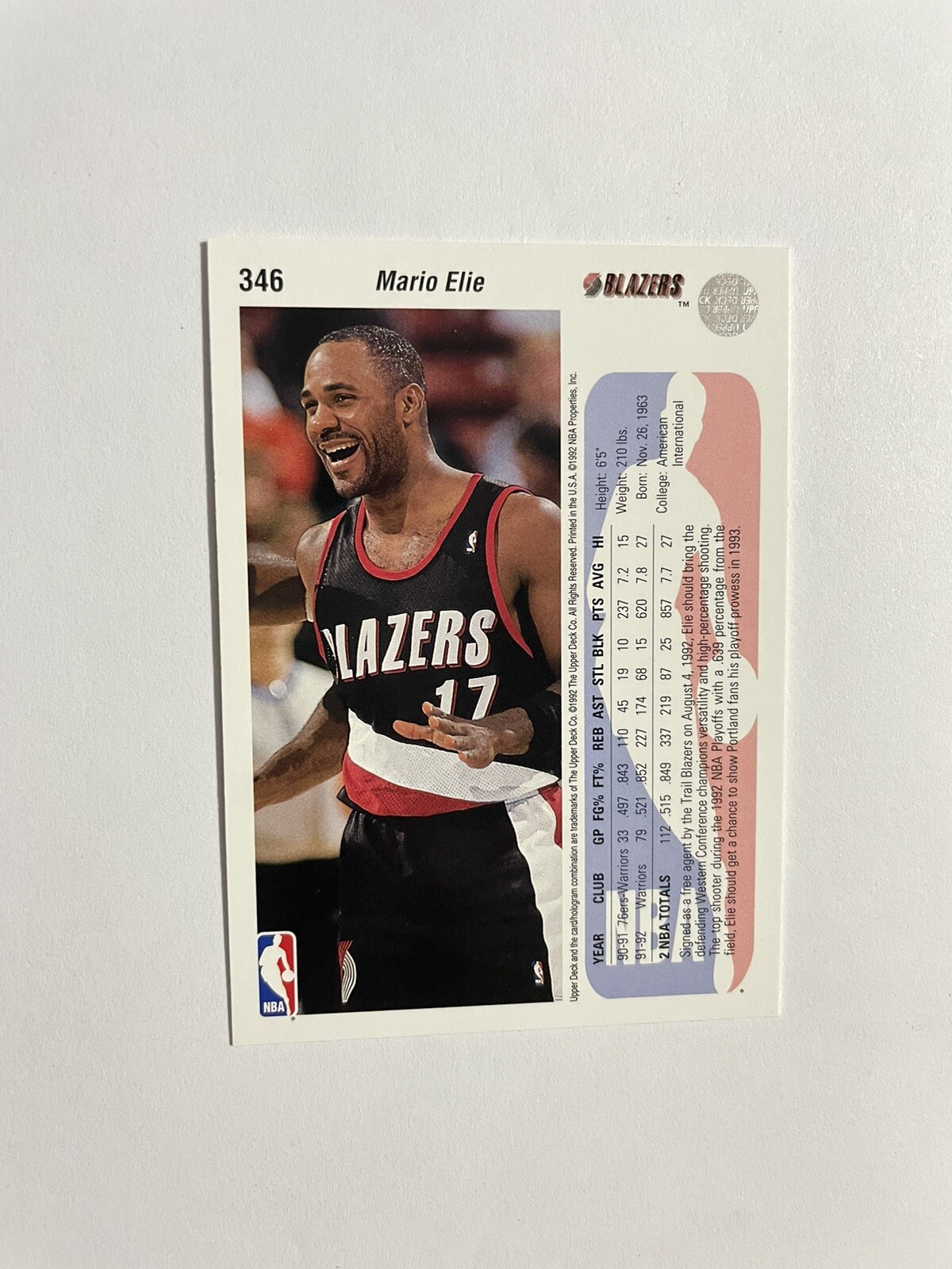 1992-93 Upper Deck Basketball Card #346 Mario Elie Trail Blazers | eBay