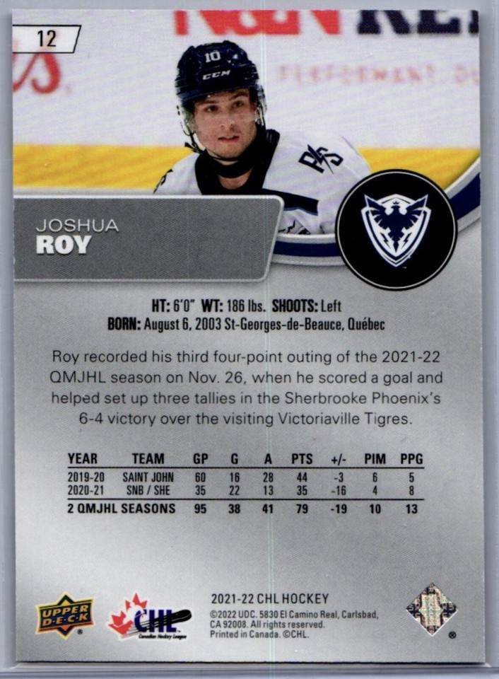 Joshua Roy Rookie 2021-22 Upper Deck CHL #Exclusives /100 (RC) Montreal ...