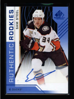 SAM STEEL 2018/19 UPPER DECK SP GAME USED BLUE ROOKIE AUTOGRAPH AUTO ...