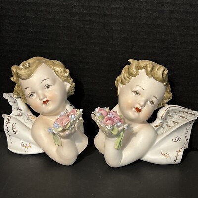 Vintage 2- LEFTON China Bisque ANGEL Faces Wall Hanging Figurine CHERUB ...