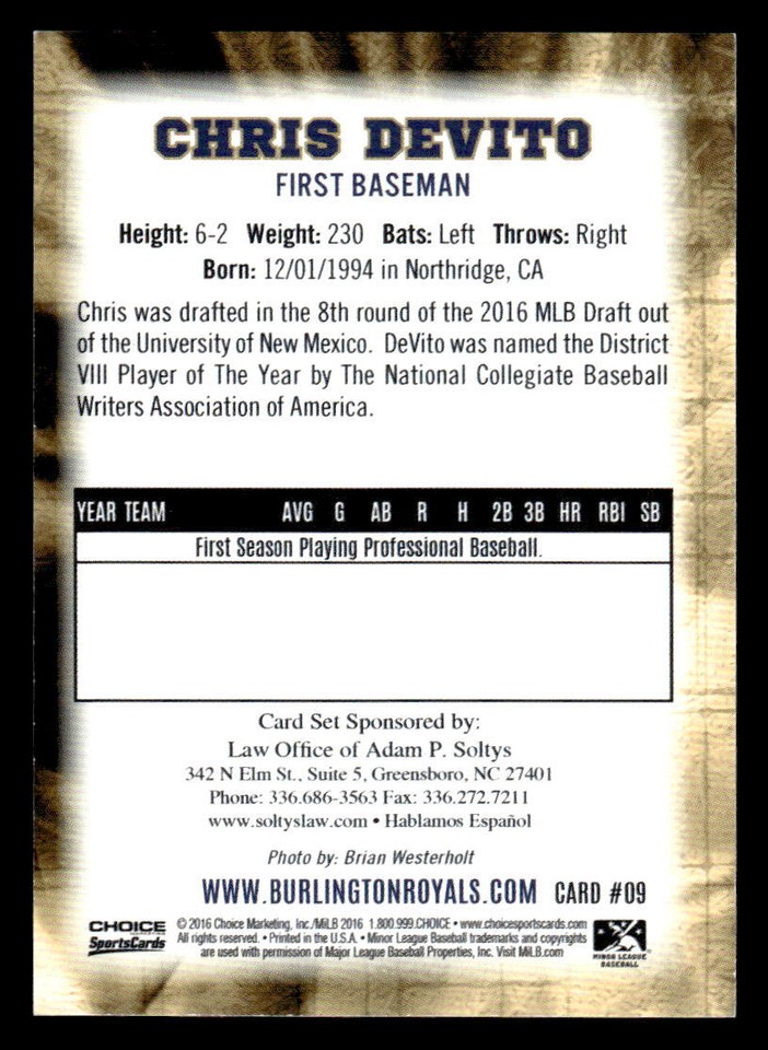 Chris DeVito 2016 Choice Burlington Royals #9 Autographed Auto Signed | eBay