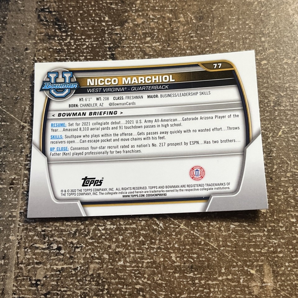 Nicco Marchiol 2022 Bowman U Football # 77 1st Base West Virginia | eBay