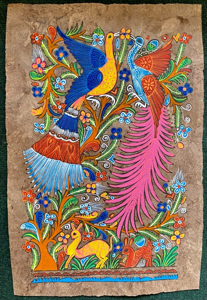 15 1/2 X 23" Mexican Folk Art Amate Bark Painting Aztec Love Bird ...