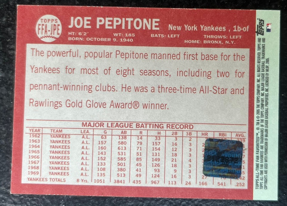 JOE PEPITONE 2005 Topps All-Time Fan Favorites Baseball Card #FFA-JPE ...
