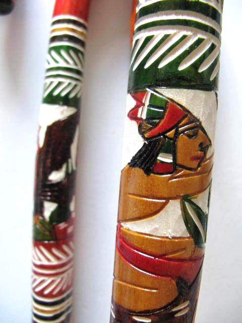 Hand Carved Wooden Cane Walking Stick Mexican Aztec Hand Painted Mexico ...