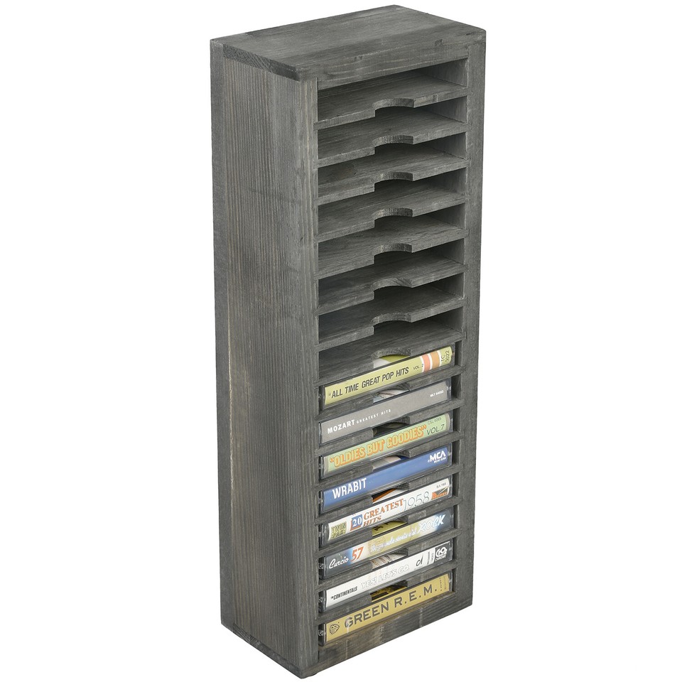 16-Slot Gray Solid Wood Freestanding Retro Cassette Tape Storage Rack ...