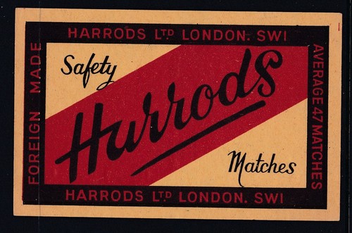 HARRODS LTD LONDON SW1 SAFETY MATCHES MATCHBOX LABEL FOREIGN MADE ...