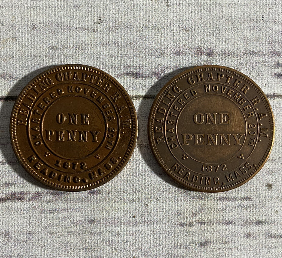 2 Mason Chapter Penny Token Reading Massachusetts Masonic Shrine Temple ...