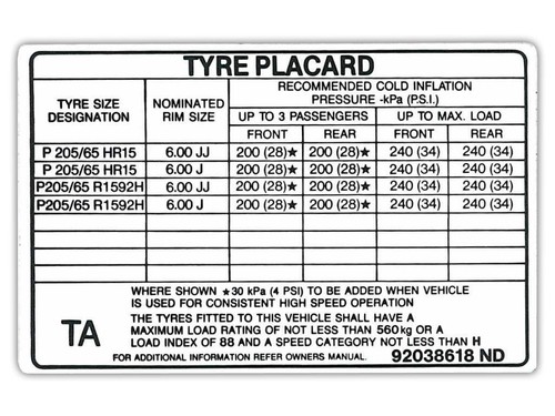 Decal Tyre Placard VN 6"x15" SS BT1 FE2 Excluding Ute | eBay