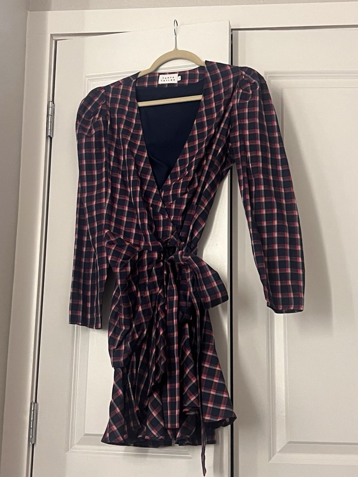 Tanya Taylor Lexi Plaid Wrap Dress Women 4 Navy Pink Puff Long Sleeve ...