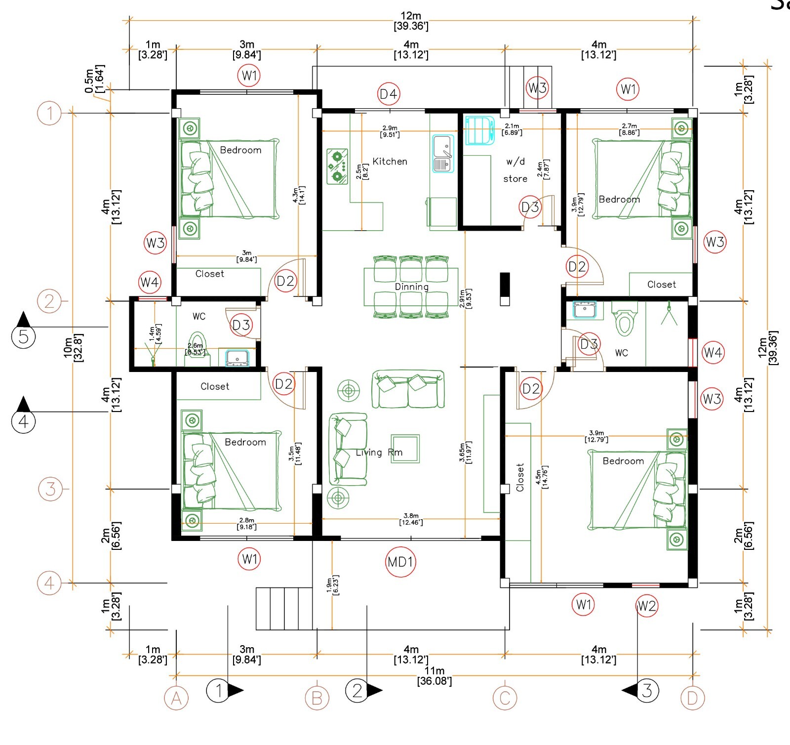 40x40 Feet House Plans 12x12 Meter 4 Bedrooms 2 Baths Gable Roof (A4 ...