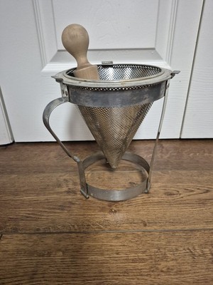 Vtg Cone Mill Colander Metal Mesh Mortar & Wooden Pestle Set Sieve ...
