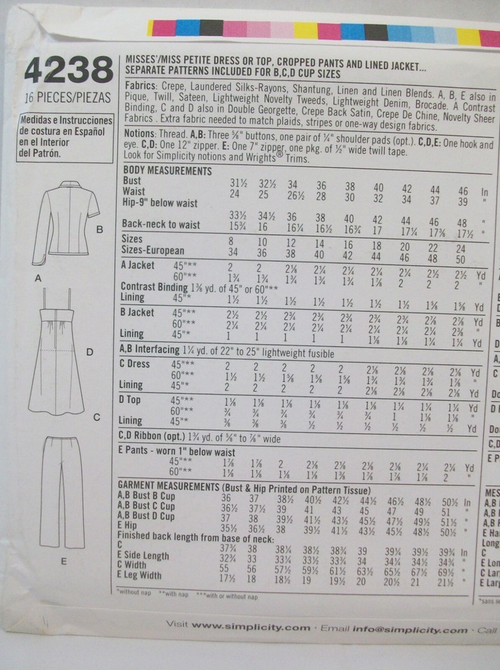 Simplicity Pattern 4238 Miss Size 8-16 Dress Top Cropped Pants Lined ...