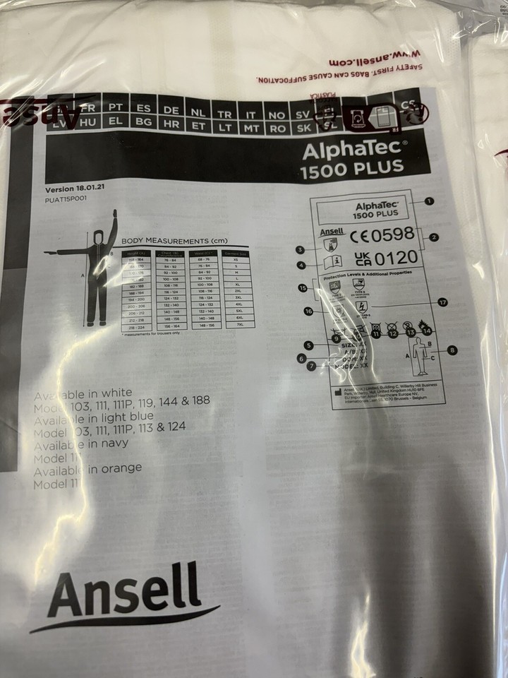 10 X Ansell AlphaTec 1500 PLUS Model 111 White Chemical Coverall 4XL | eBay