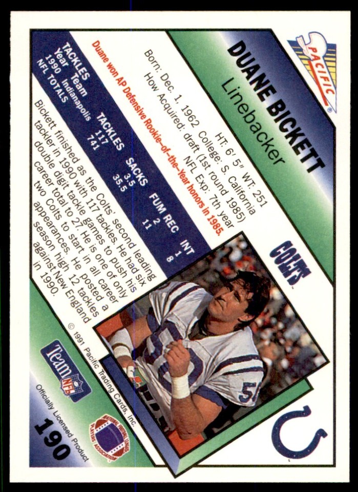 1991 Pacific Duane Bickett . Indianapolis Colts #190 | eBay