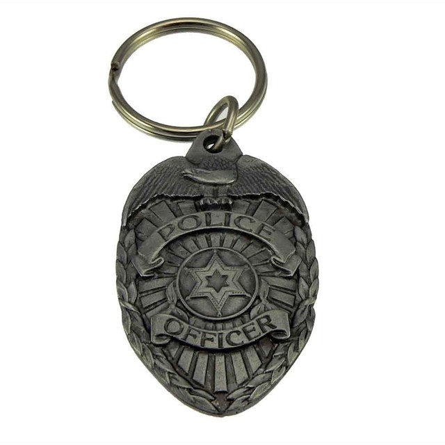 Police Officer Badge Pewter Keychain Law Enforcement Mini Key Ring Blue ...