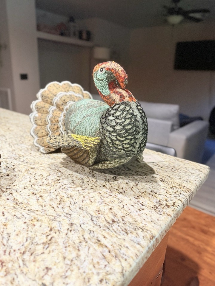 John Derian Beaded Fall Turkey Shaped Pillow Thanksgiving 16 X 15 ...