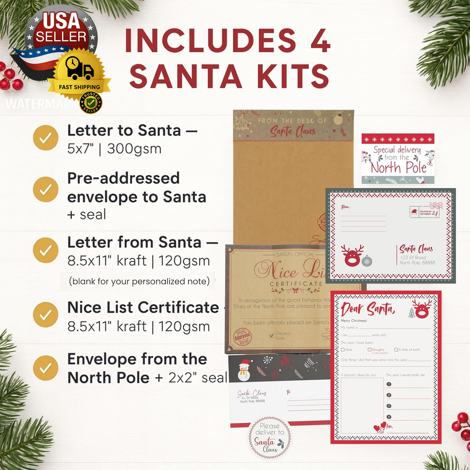 Santa Letter Kit – 4 Complete North Pole Mail Kits with Letter to and ...