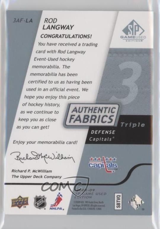 2008-09 SP Game Used Edition Platinum /10 Rod Langway #3AF-LA Triple ...