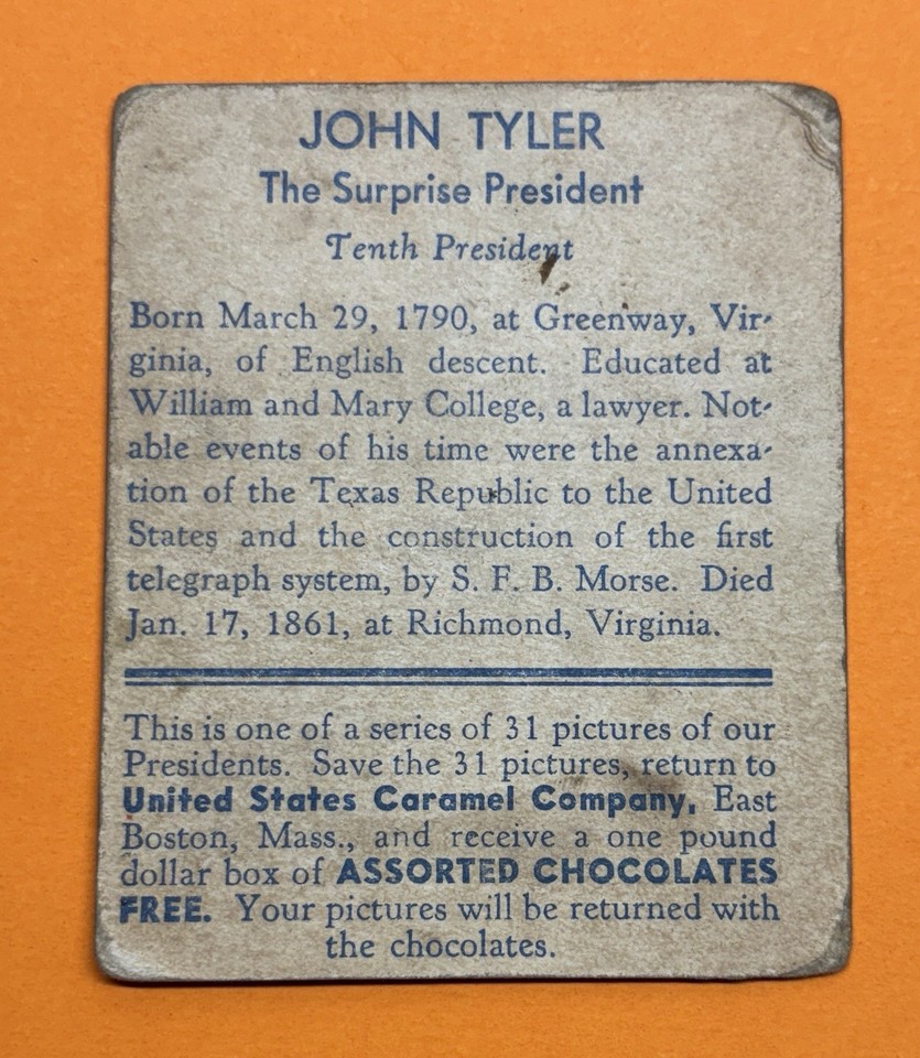 1932 U.S. Caramel Presidents Card John Tyler ORANGE Variation R114 | eBay