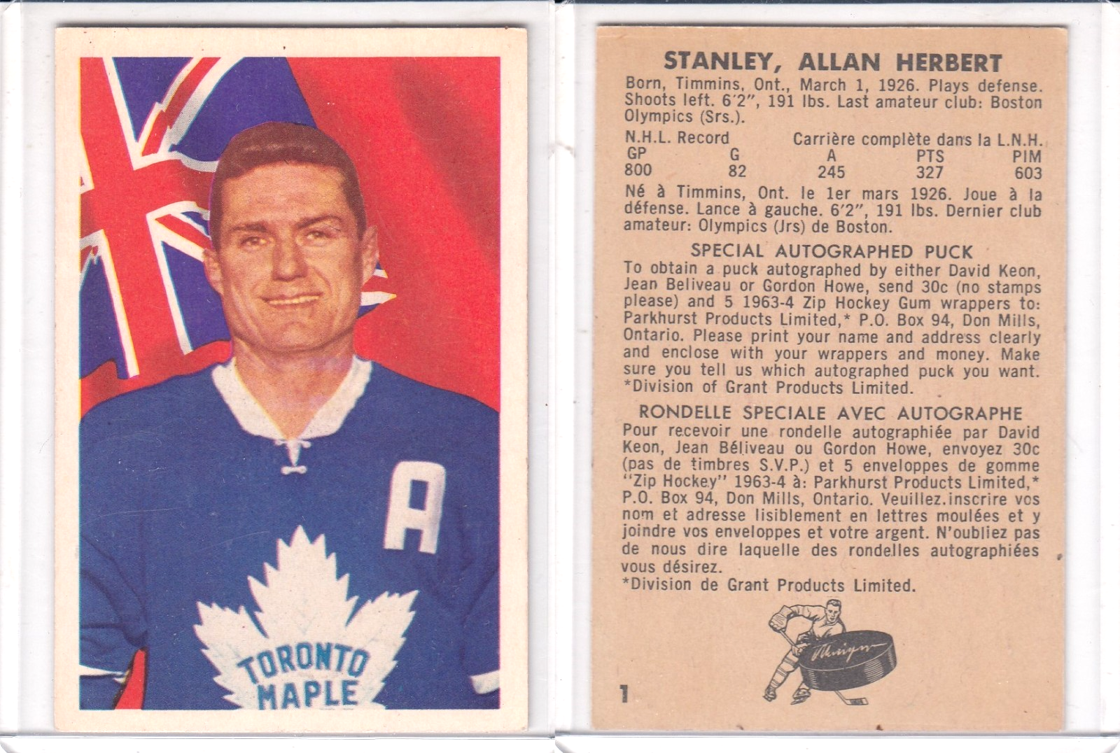 1963-64 PARKHURST # 01 ALLAN HERBERT STANLEY TORONTO MAPLE LEAFS EX-MT ...