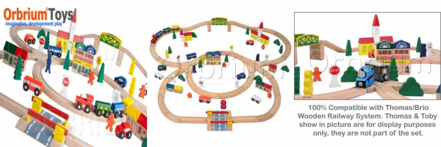 100-Piece Orbrium Toys Triple-Loop Wooden Train Set Fits Thomas Brio ...