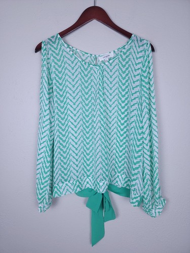 Umgee Green Chevron Sheer Open Tie Back Slit Sleeves Top Blouse Size L ...