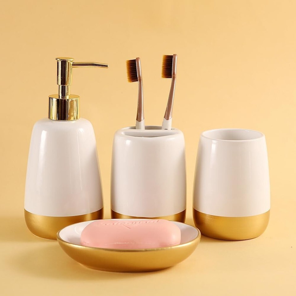 Elegant White with Gold Bathroom accesory Set 4pc,Toothbrush Holder ...