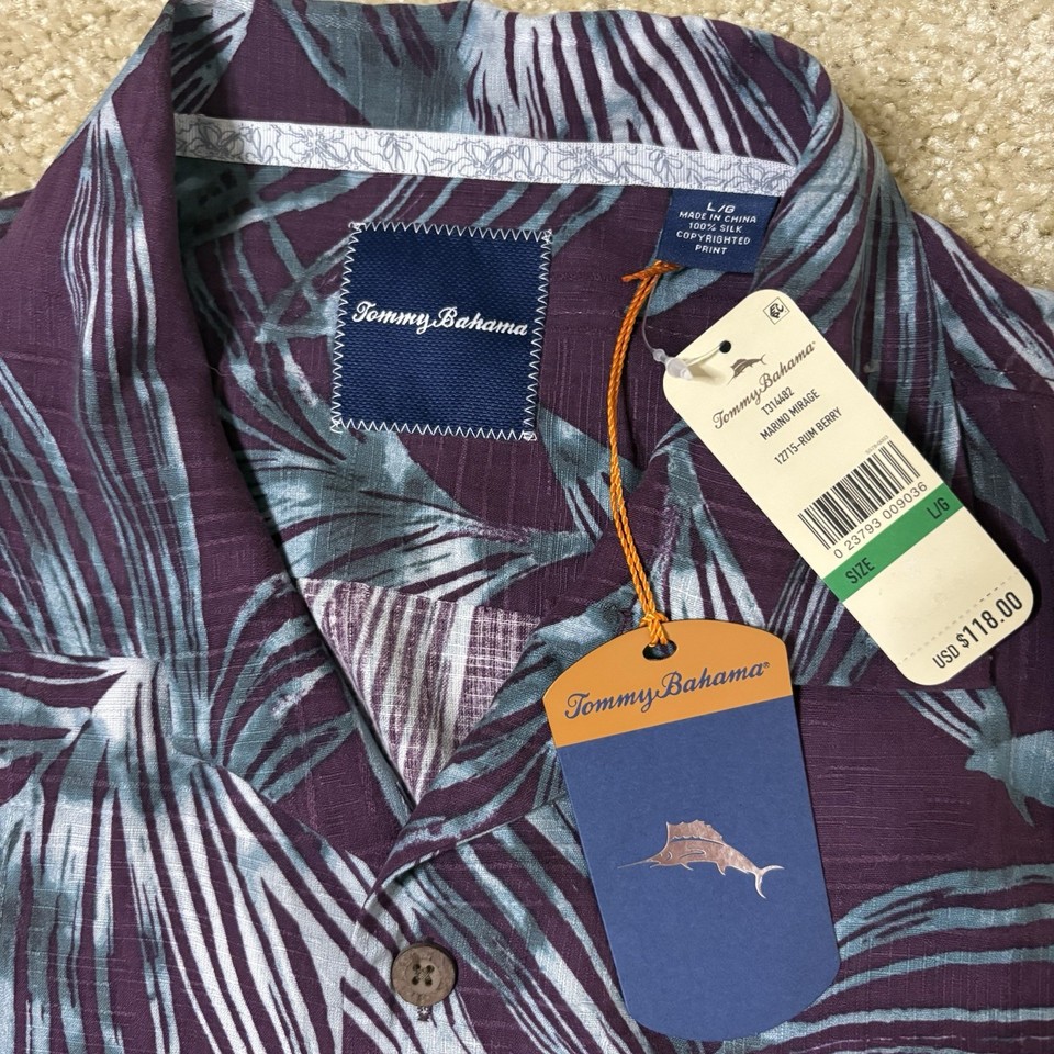 Tommy Bahama NWT Men's Large Hawaiian floral AOP Rum Berry Button Up ...