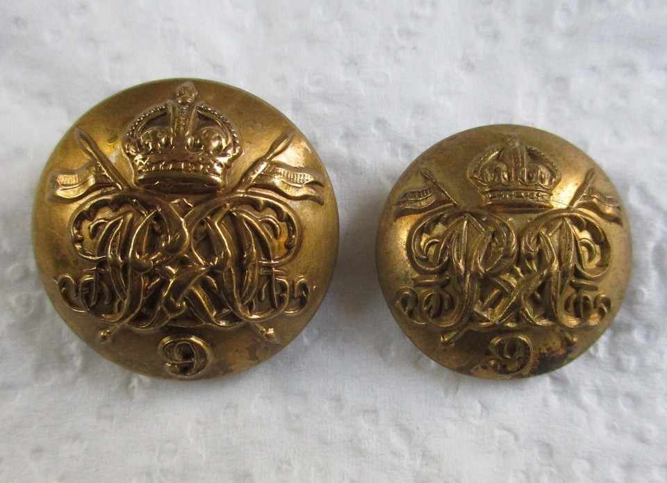 2x WW1-WW2 British Army:"9th ROYAL LANCERS BRASS BUTTONS" (22mm-19mm ...