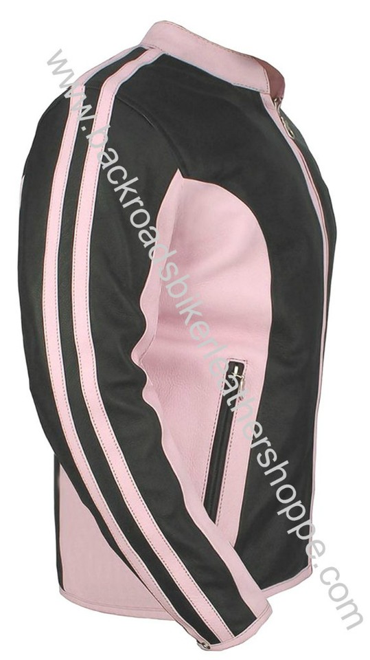 Ladies Black & Pink Cowhide Leather Racer Style Biker Jacket – Sizes XS ...