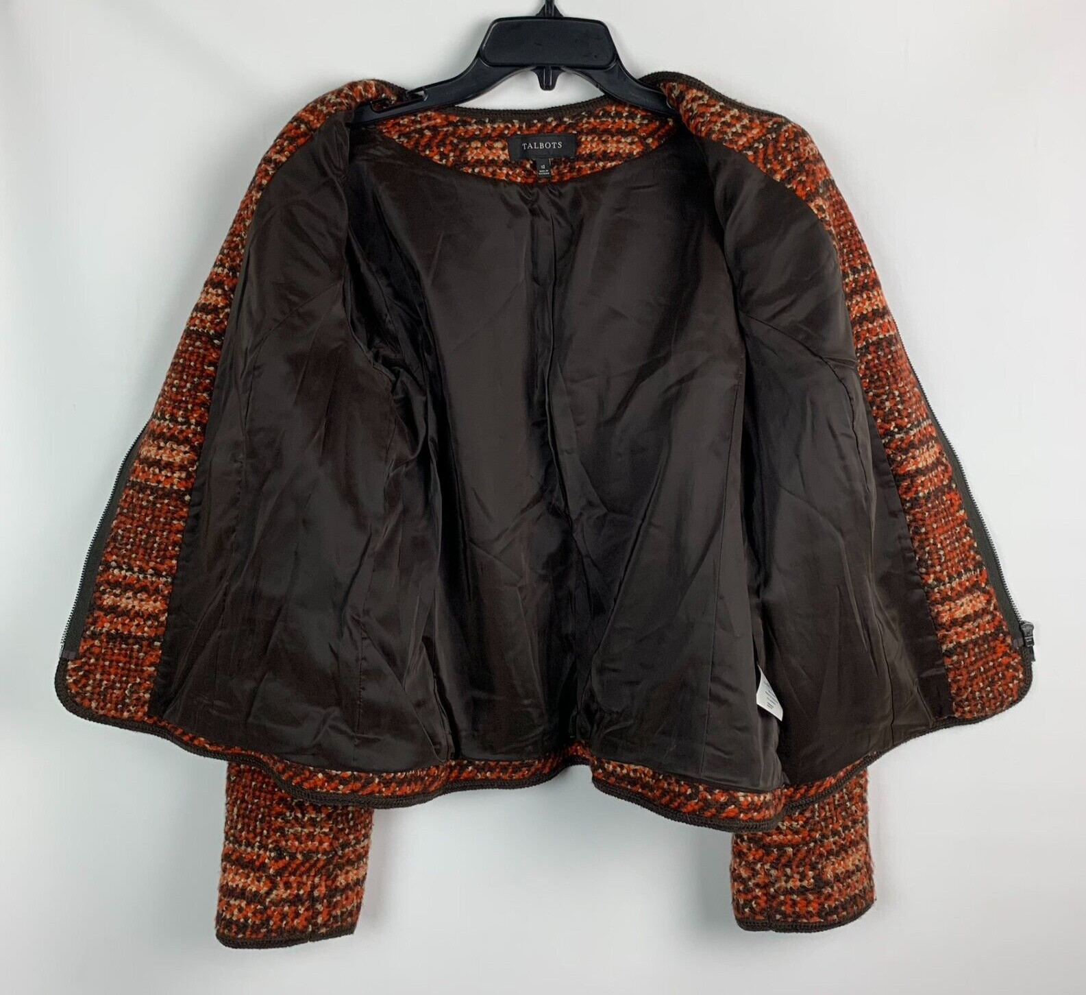 Talbots Jacket Tweed Orange Brown Print Trim Long Sle… - Gem